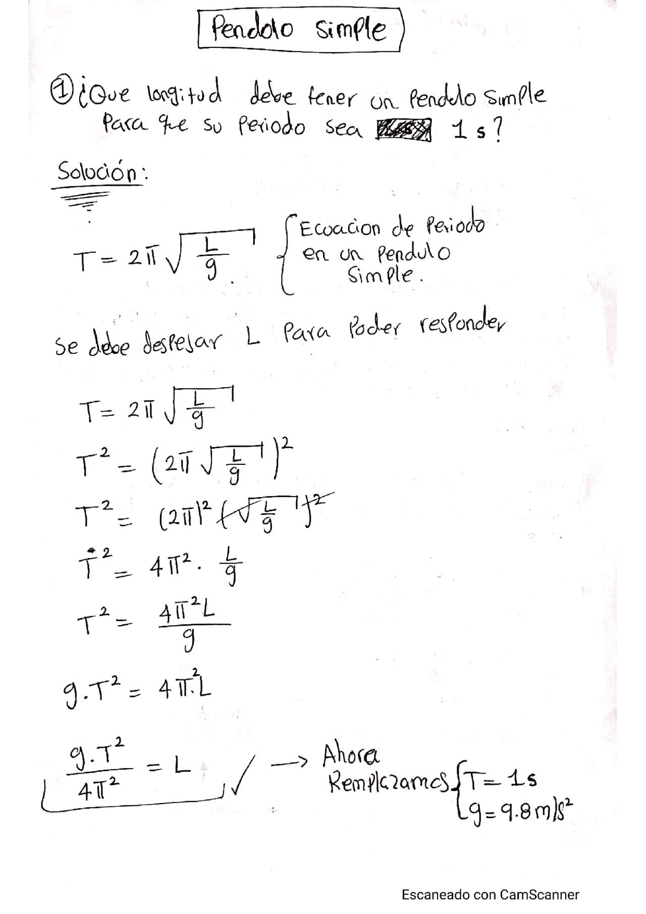 Ejemplos de péndulo simple | Ejercicios de Física | Docsity