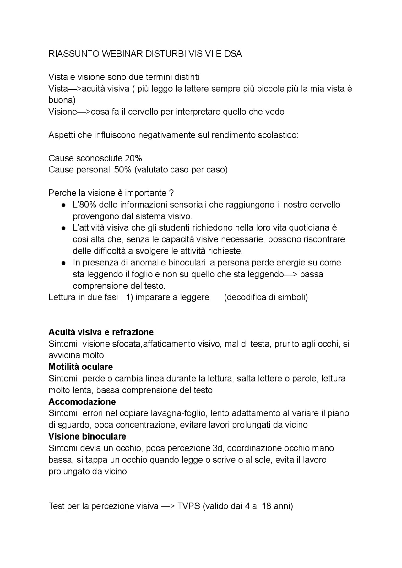 Disturbi Visivi E Dsa Appunti Di Disturbi Dellapprendimento Docsity
