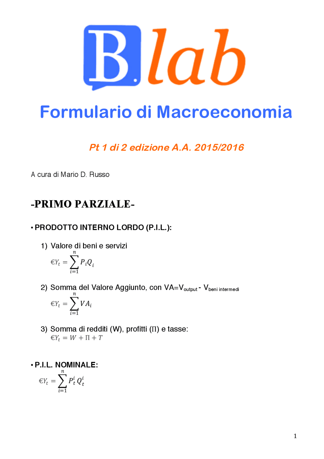 Formulario Macroeconomia Schemi E Mappe Concettuali Di Macroeconomia