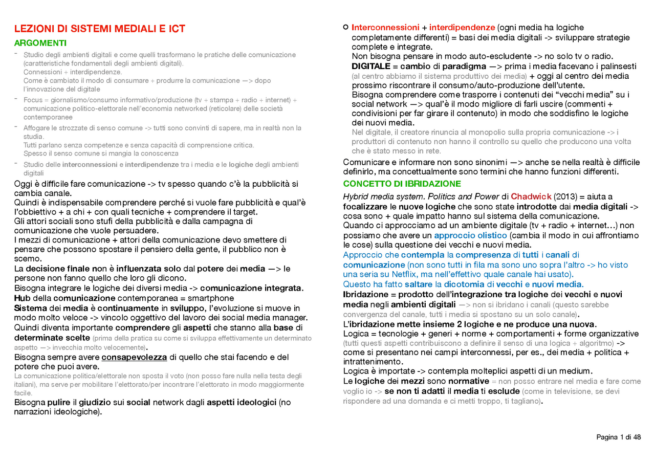 Appunti lezioni di sistemi mediali e ICT | Appunti di Sistemi Digitali | Docsity