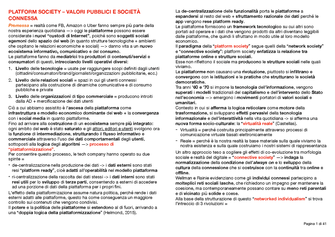 Platform Society Riassunto Completo Dispense Di Sociologia Della