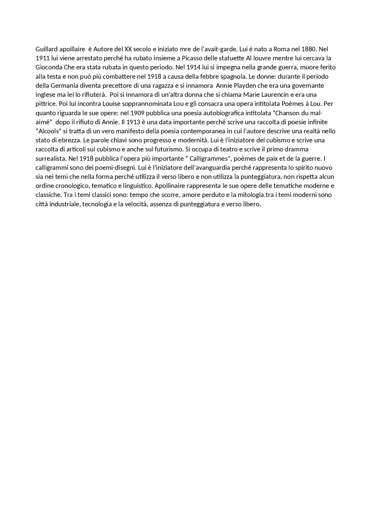 Guillame Apollinaire Dispense Di Francese Docsity