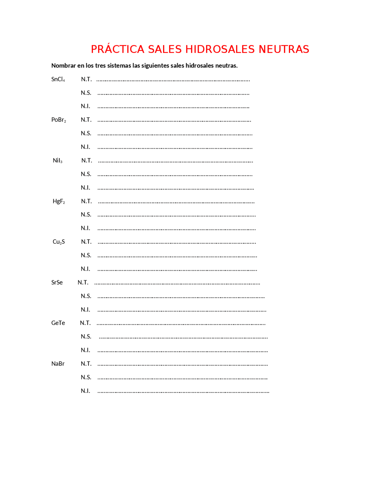 TEMA DE TERCERO DE SECUNDARIA SALES NEUTRAS | Ejercicios de Química | Docsity
