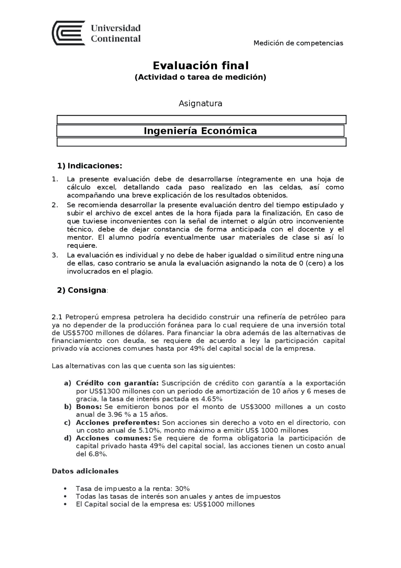 La Presente Evaluación Debe De Desarrollarse íntegramente En Una Hoja