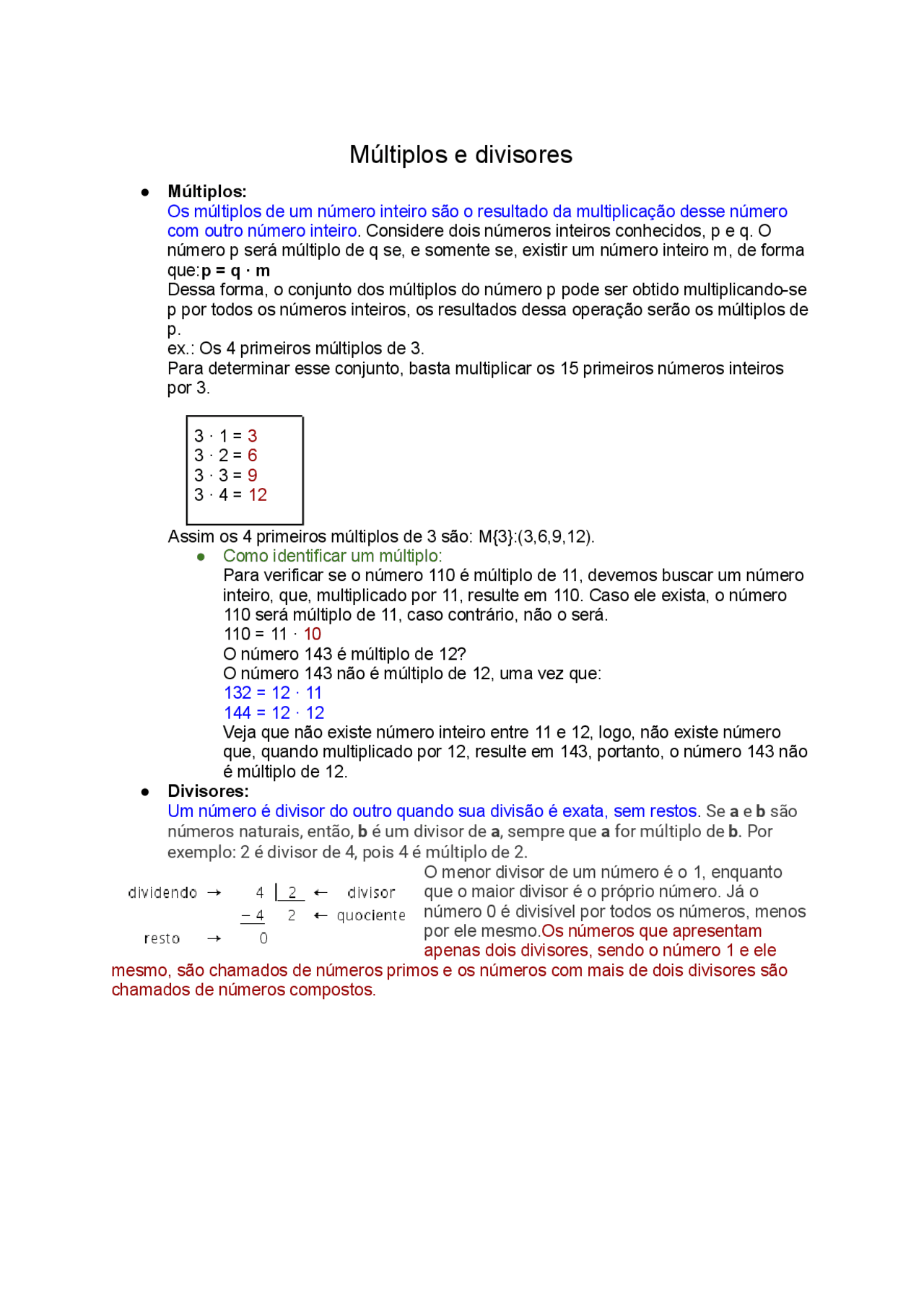 Resumo Sobre Múltiplos E Divisores Esquemas Matemática Docsity