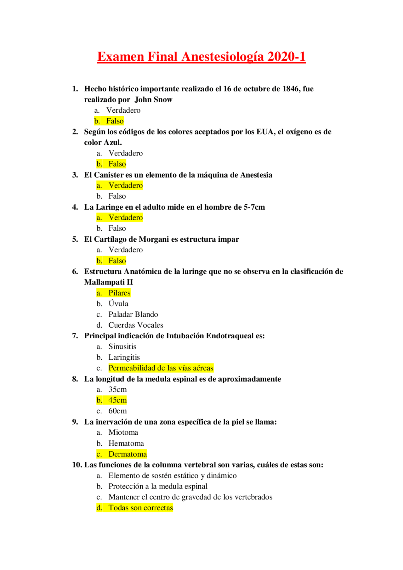 Examen De Anestesio 2021 Exámenes De Anestesiología Docsity