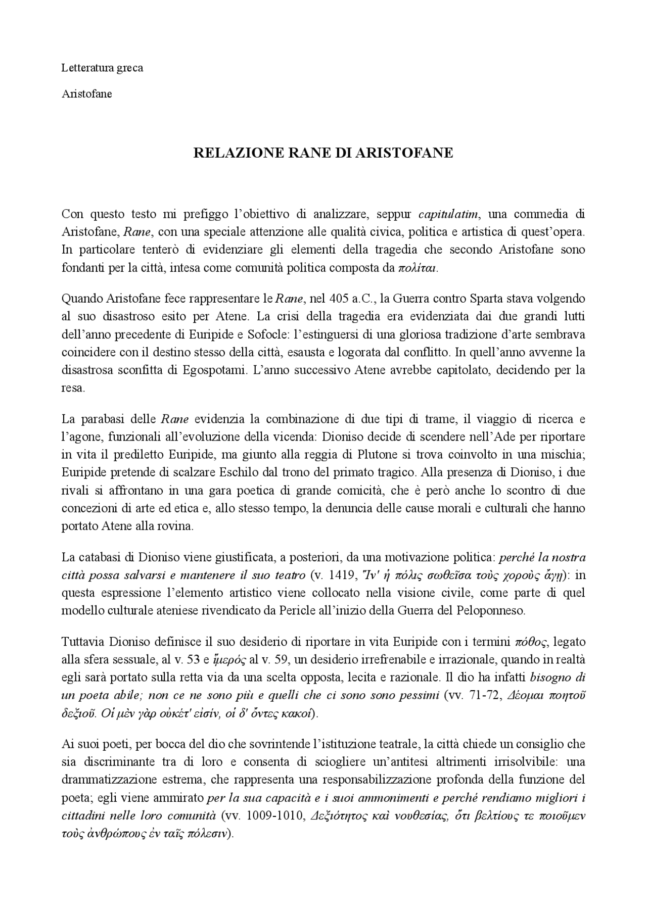Relazione Rane Aristofane Temi Di Greco Docsity
