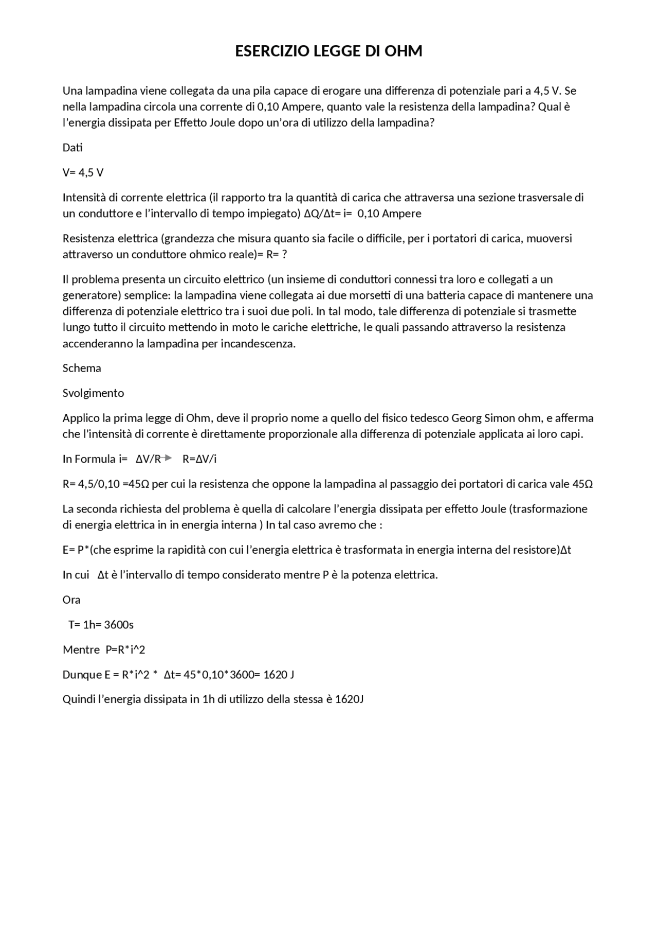 Esercizio sulla legge di OHM | Esercizi di Fisica | Docsity