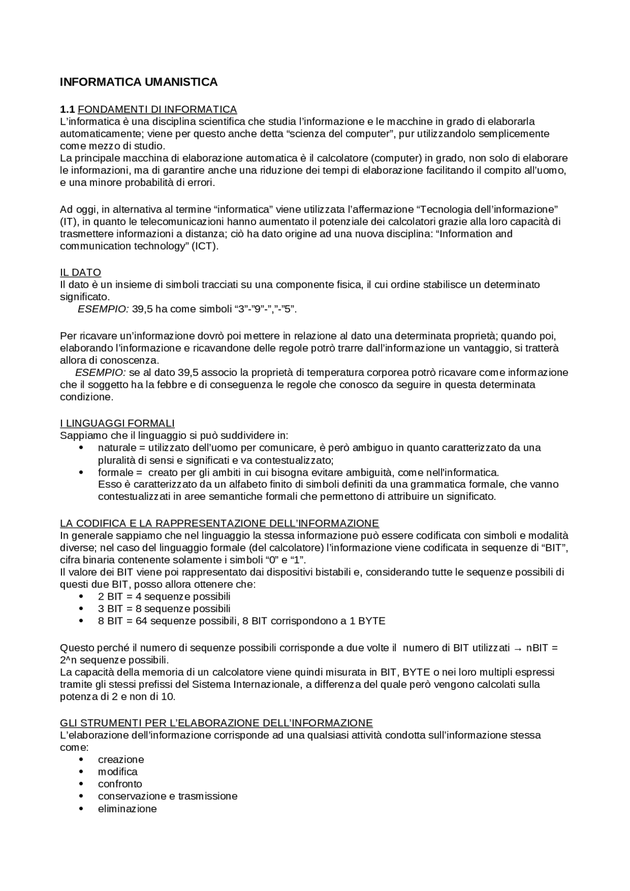 Riassunto Informatica Umanistica Appunti Di Fondamenti Di Informatica