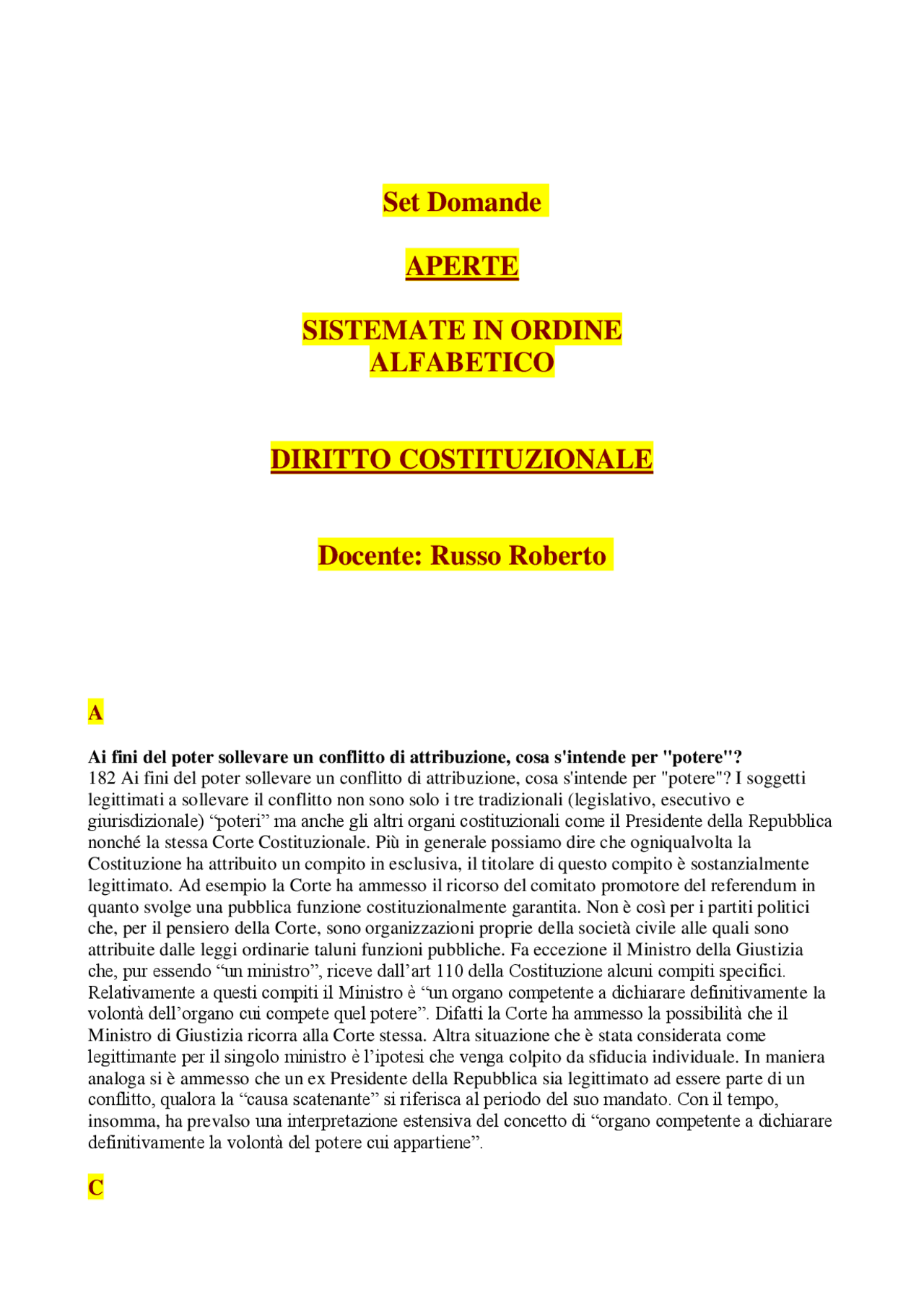 Diritto Costituzionale Domande Aperte Sistemate In Ordine Alfabetico