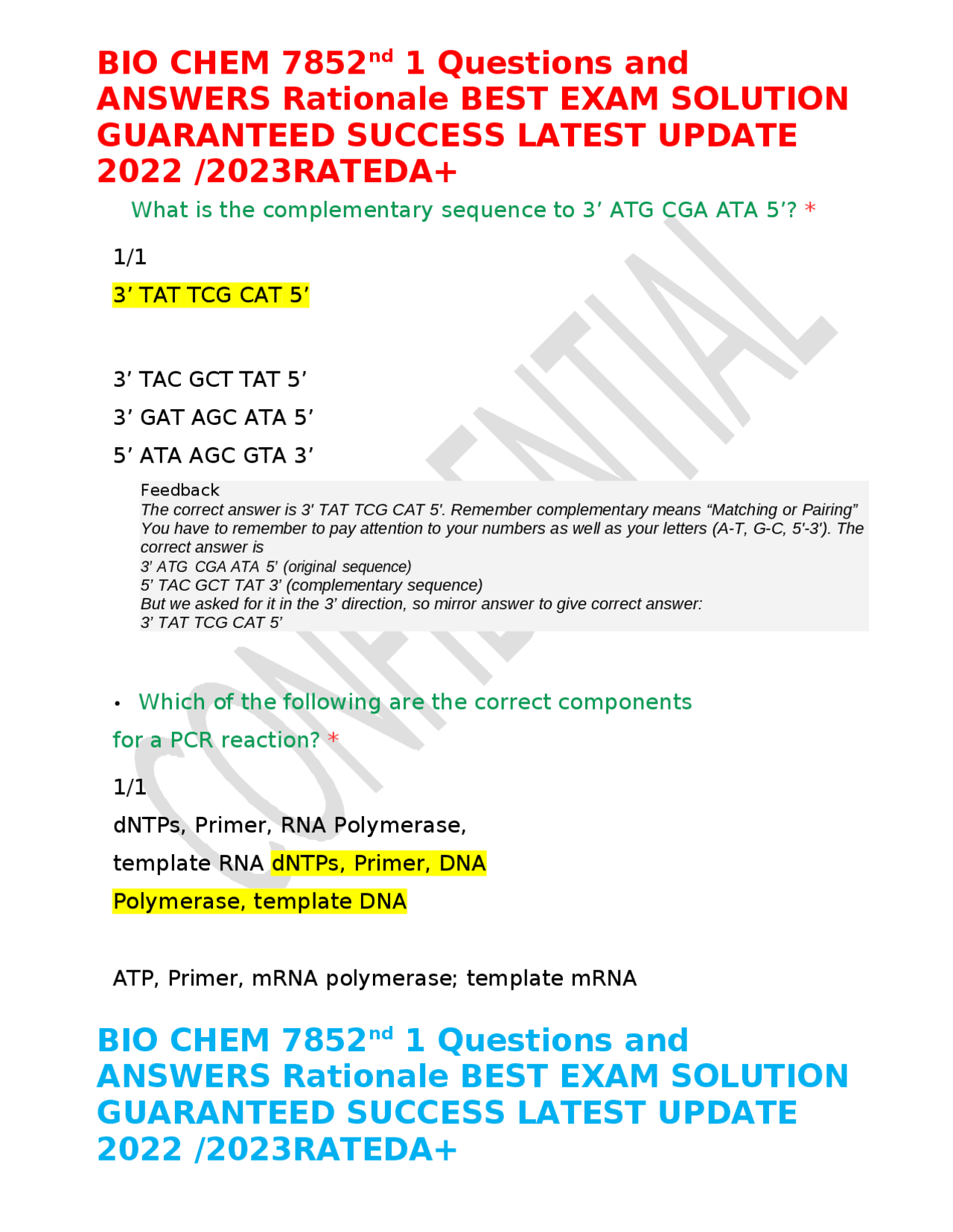 Bio Chem 7852nd 1 Questions And Answers Rationale Best Exam Solution