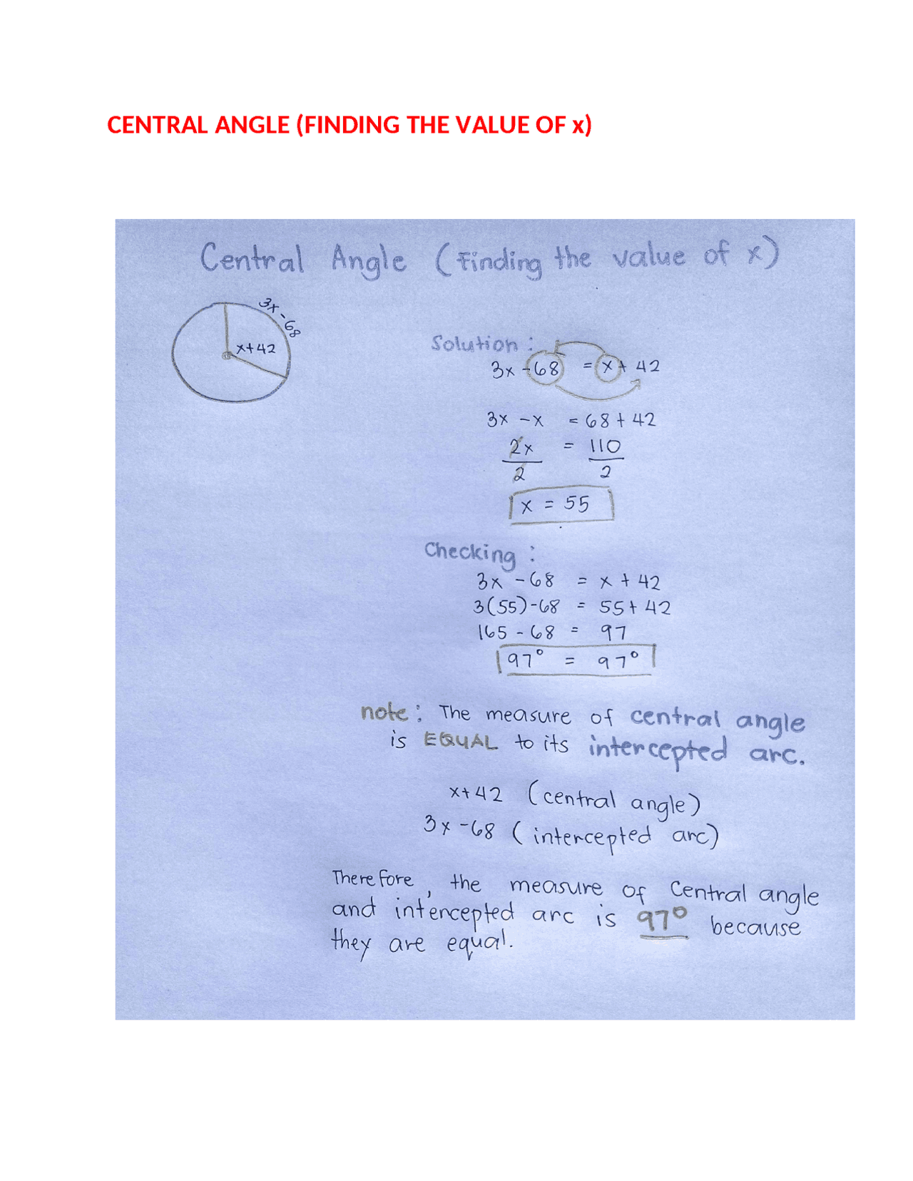 Central Angle (Finding the value of x) | Study notes Geometry | Docsity