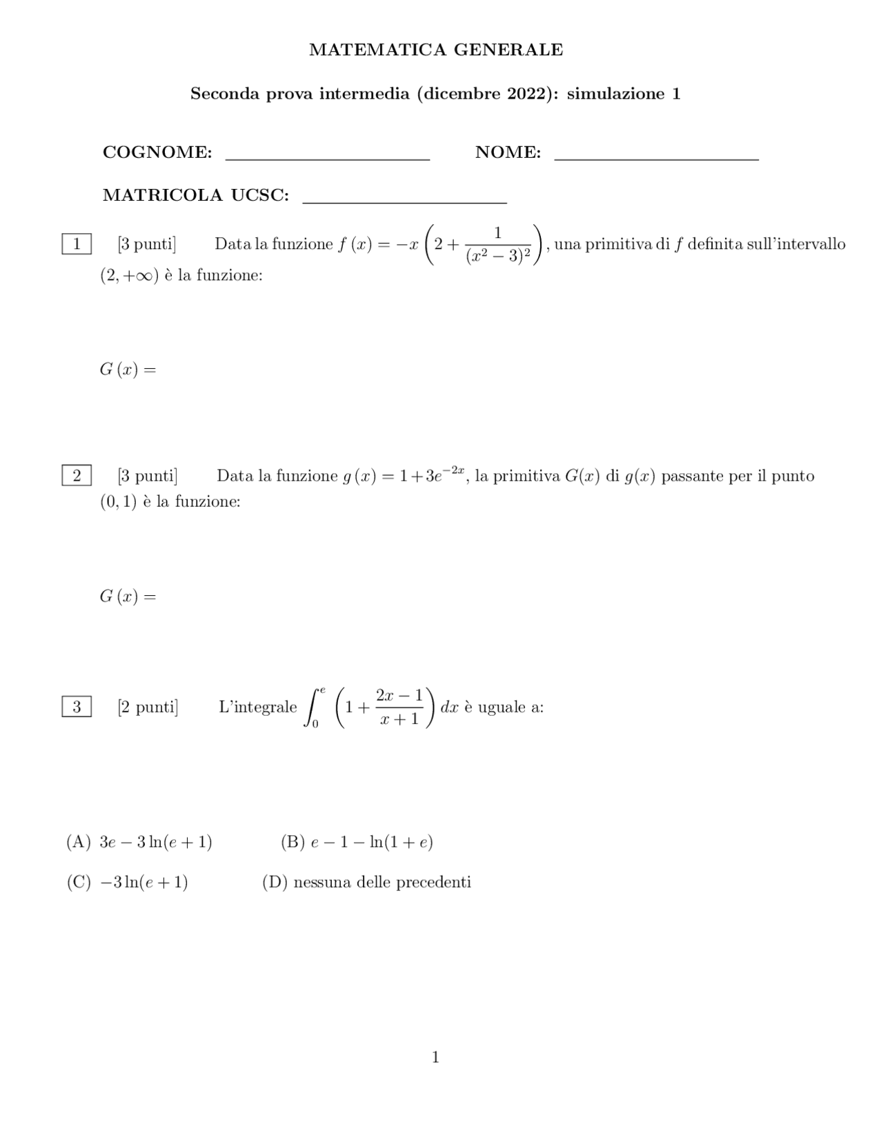 Matematica Generale - simulazione secondo parziale | Esercizi di Matematica Generale | Docsity