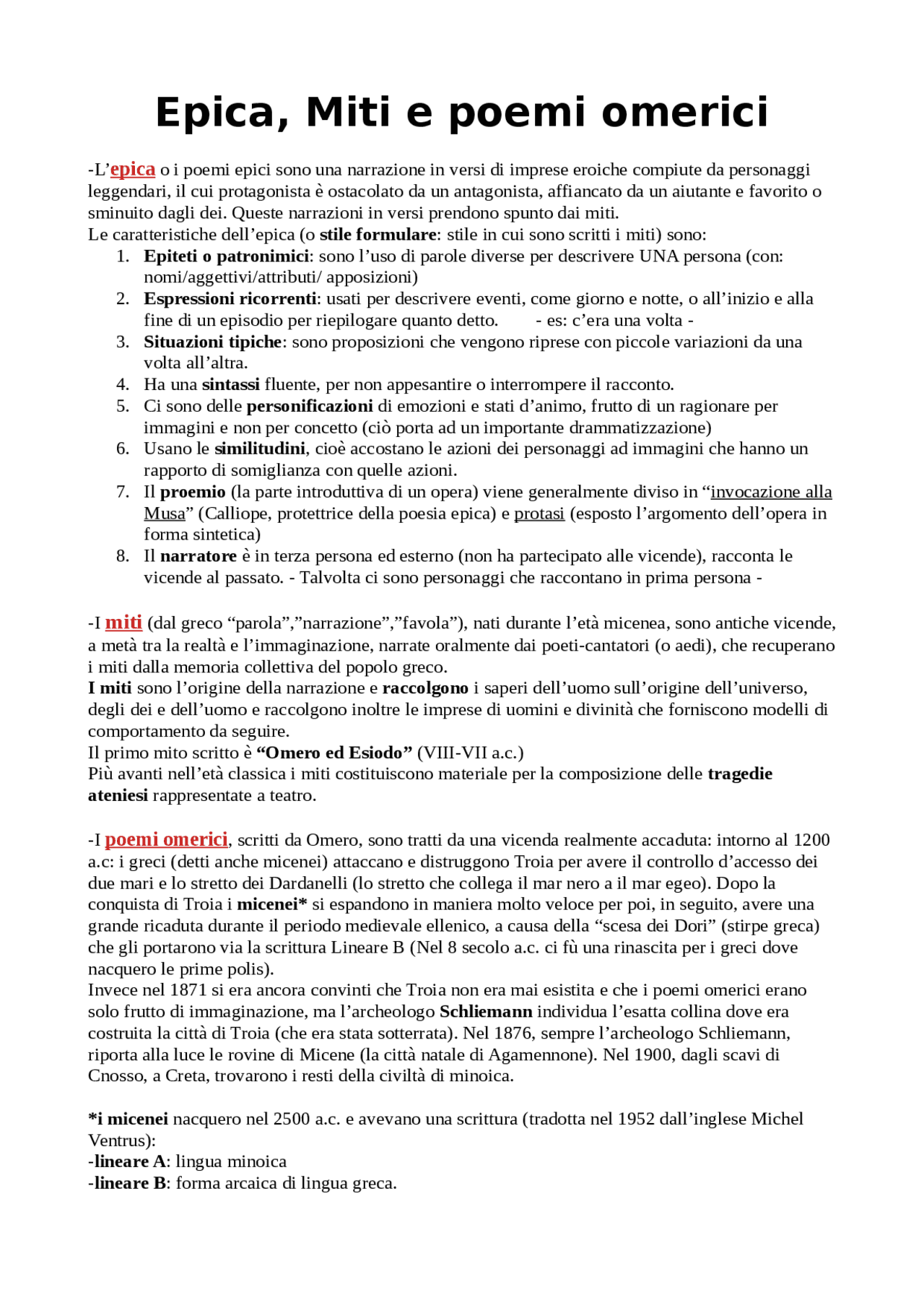 Miti e Poemi Omerici | Schemi e mappe concettuali di Lingue e ...