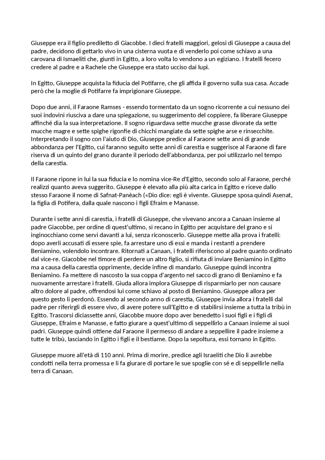 La Storia Di Giuseppe Schemi E Mappe Concettuali Di Religione Docsity