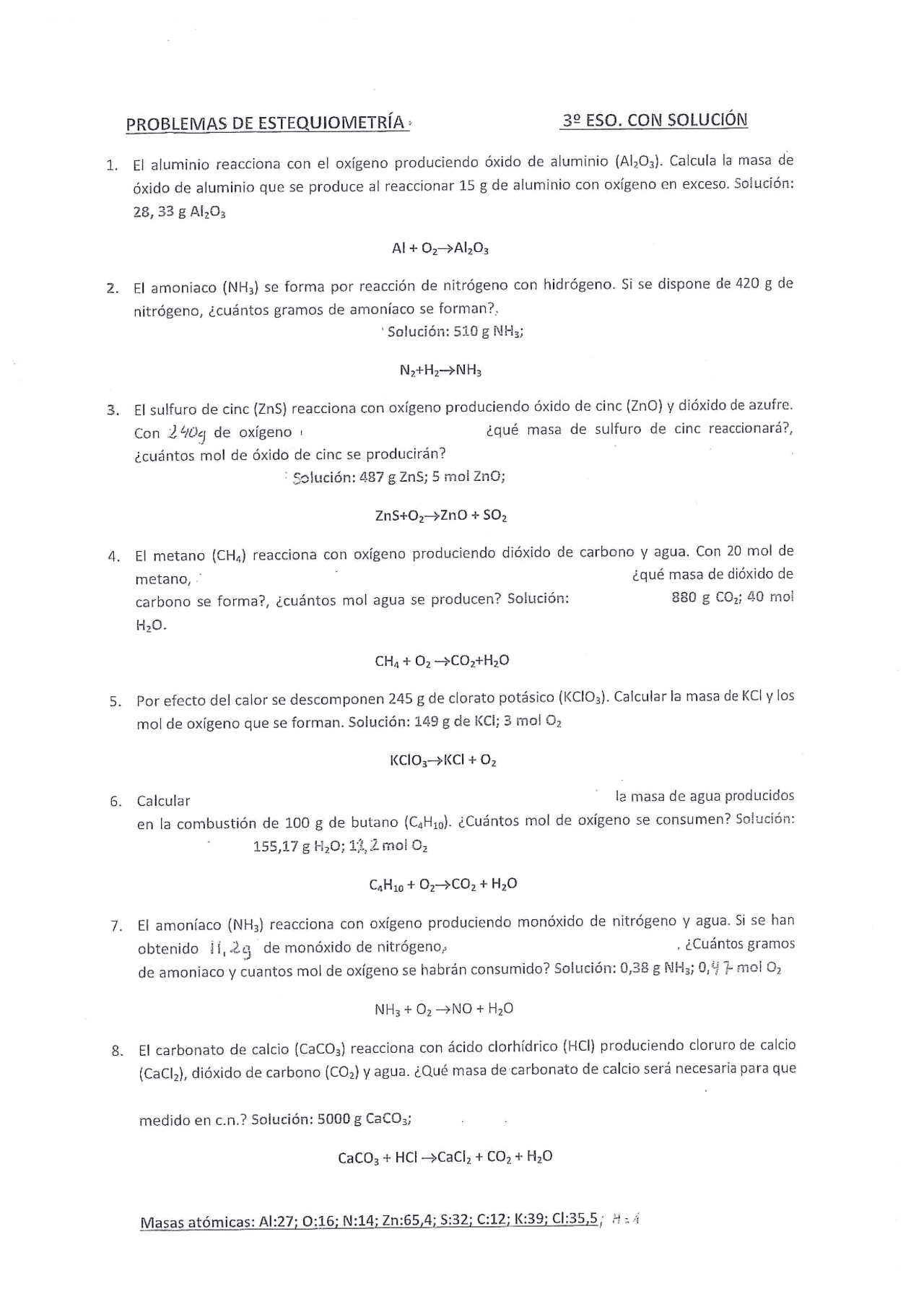 7 Problemas de Estequiometria con sus soluciones | Ejercicios de Química | Docsity