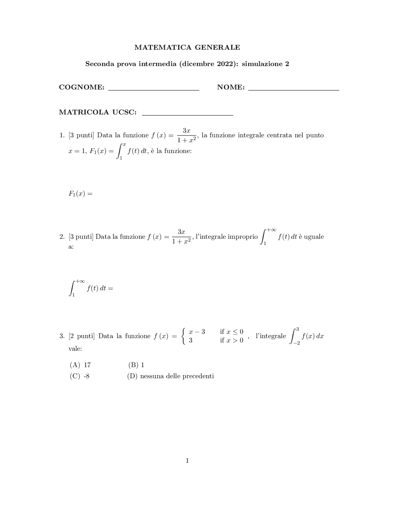 Matematica Generale - Simulazione secondo parziale | Esercizi di Matematica Generale | Docsity