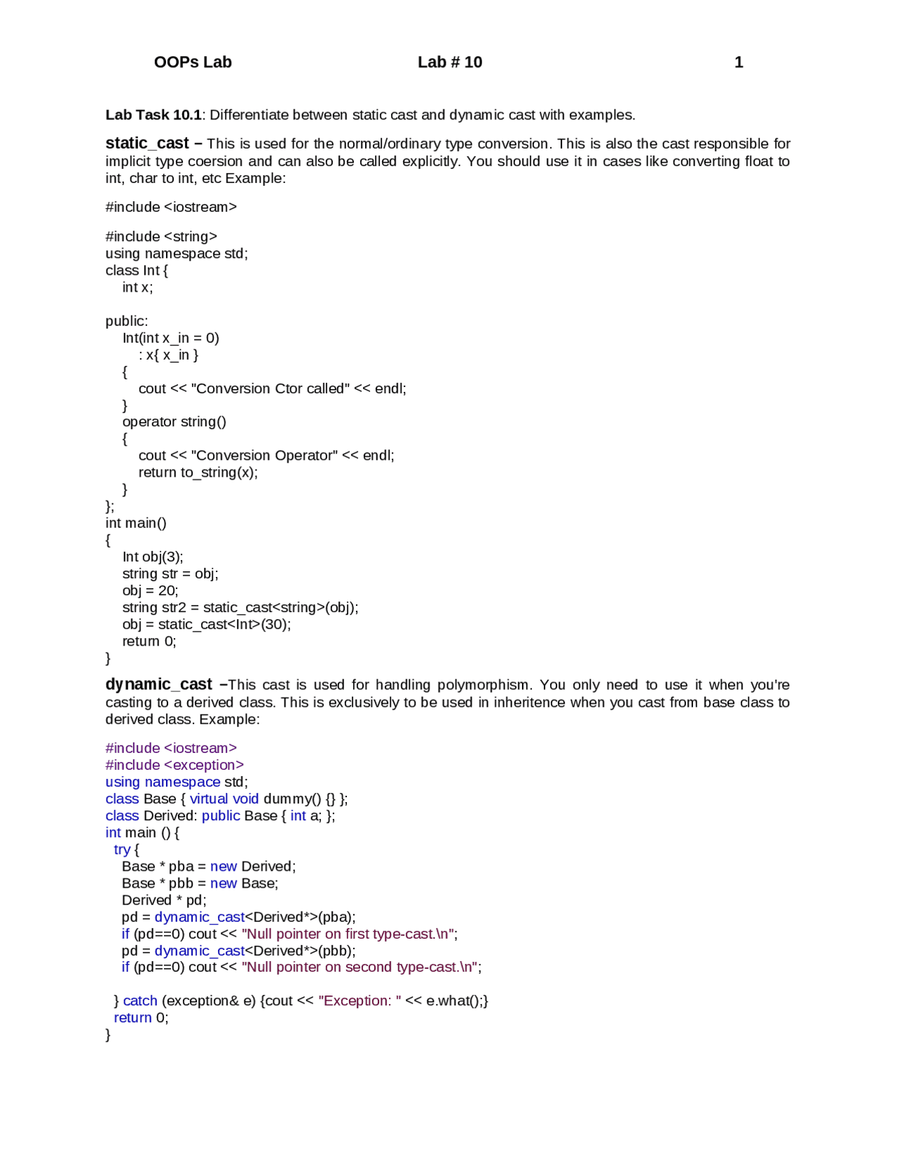 Static Cast and Dynamic Cast in C++ | Lab Reports Object Oriented Programming | Docsity