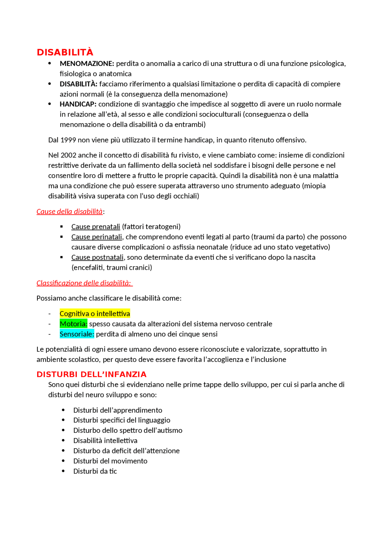 Disabilità Infantili Appunti Di Igiene Docsity