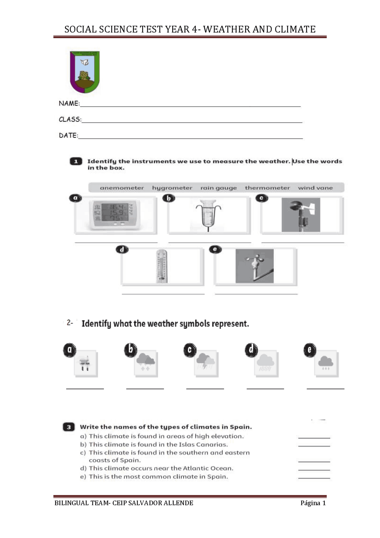 Examen test 4 primaria weather and climate | Tesis de Bachillerato de ...