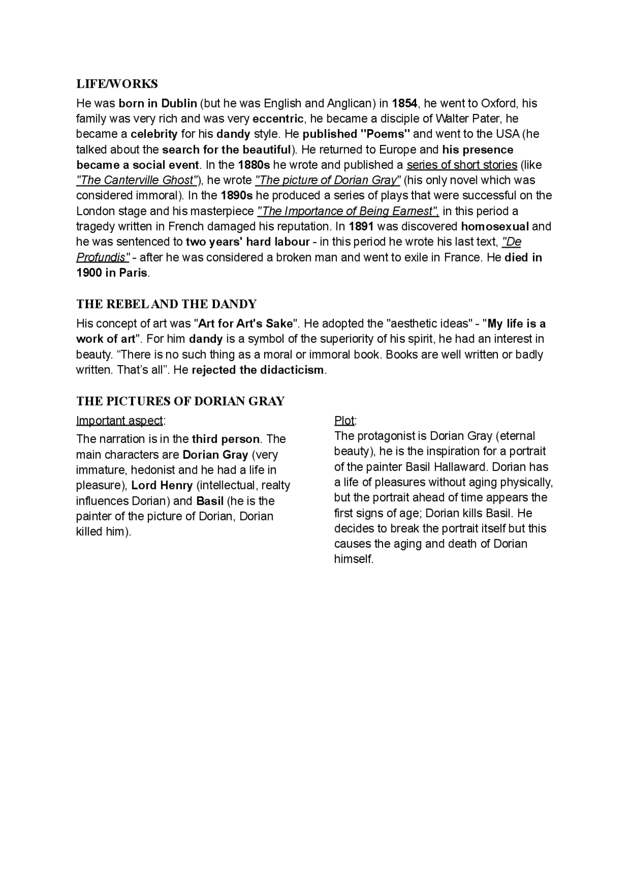 Inglese Oscar Wilde 1 In Inglese Appunti Di Inglese Docsity