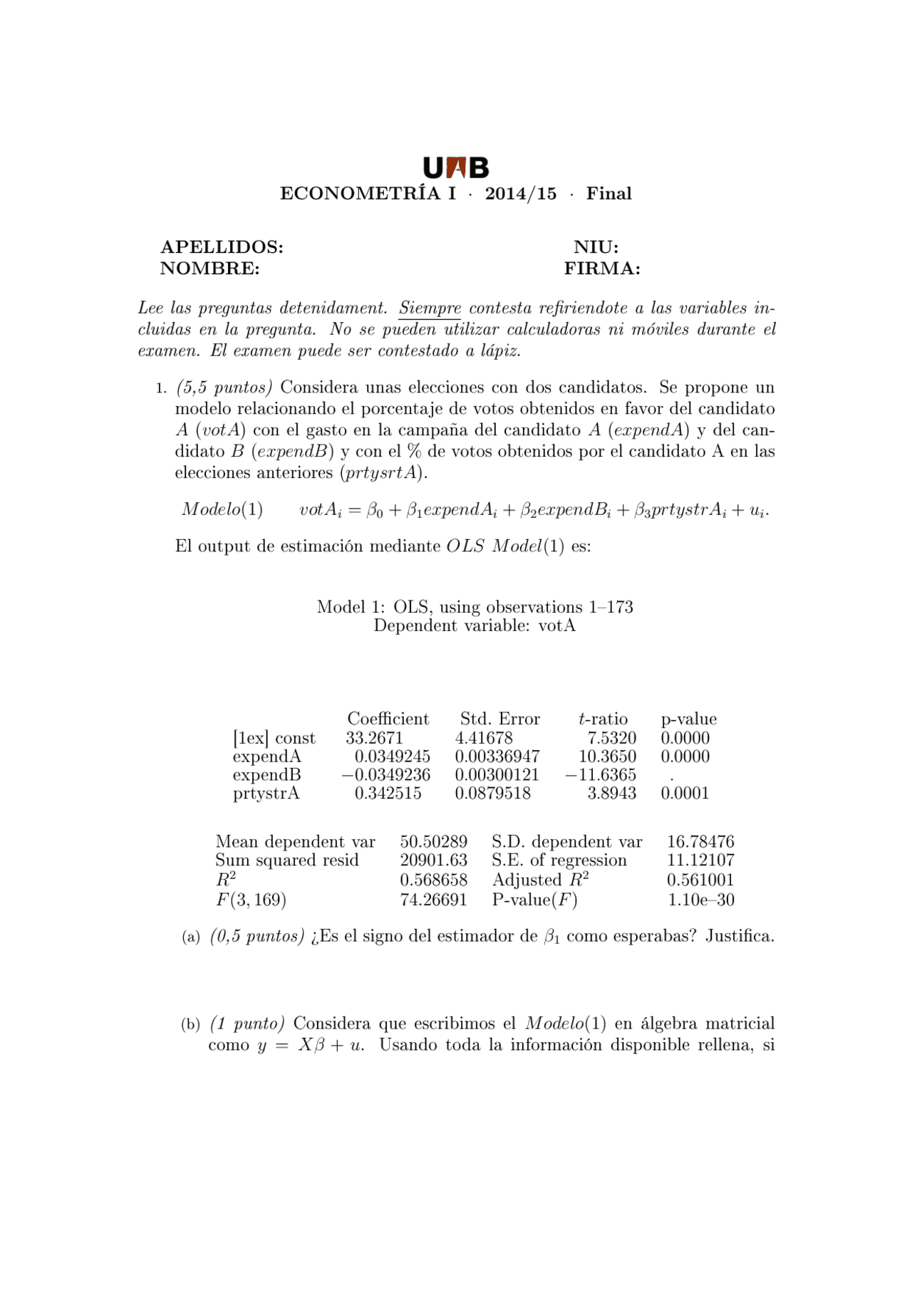 Examen Econometria I Apuntes De Econometría Docsity