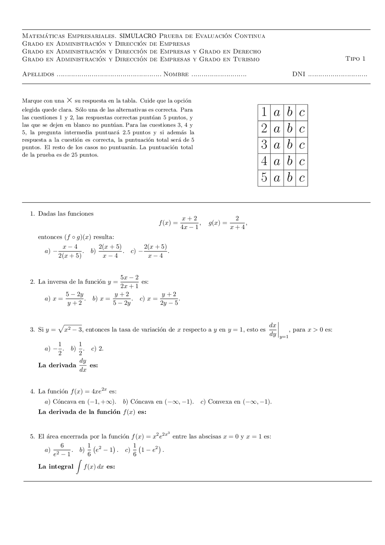 EXAMEN DE MATEMÁTICAS | Exámenes de Matemática Empresarial | Docsity