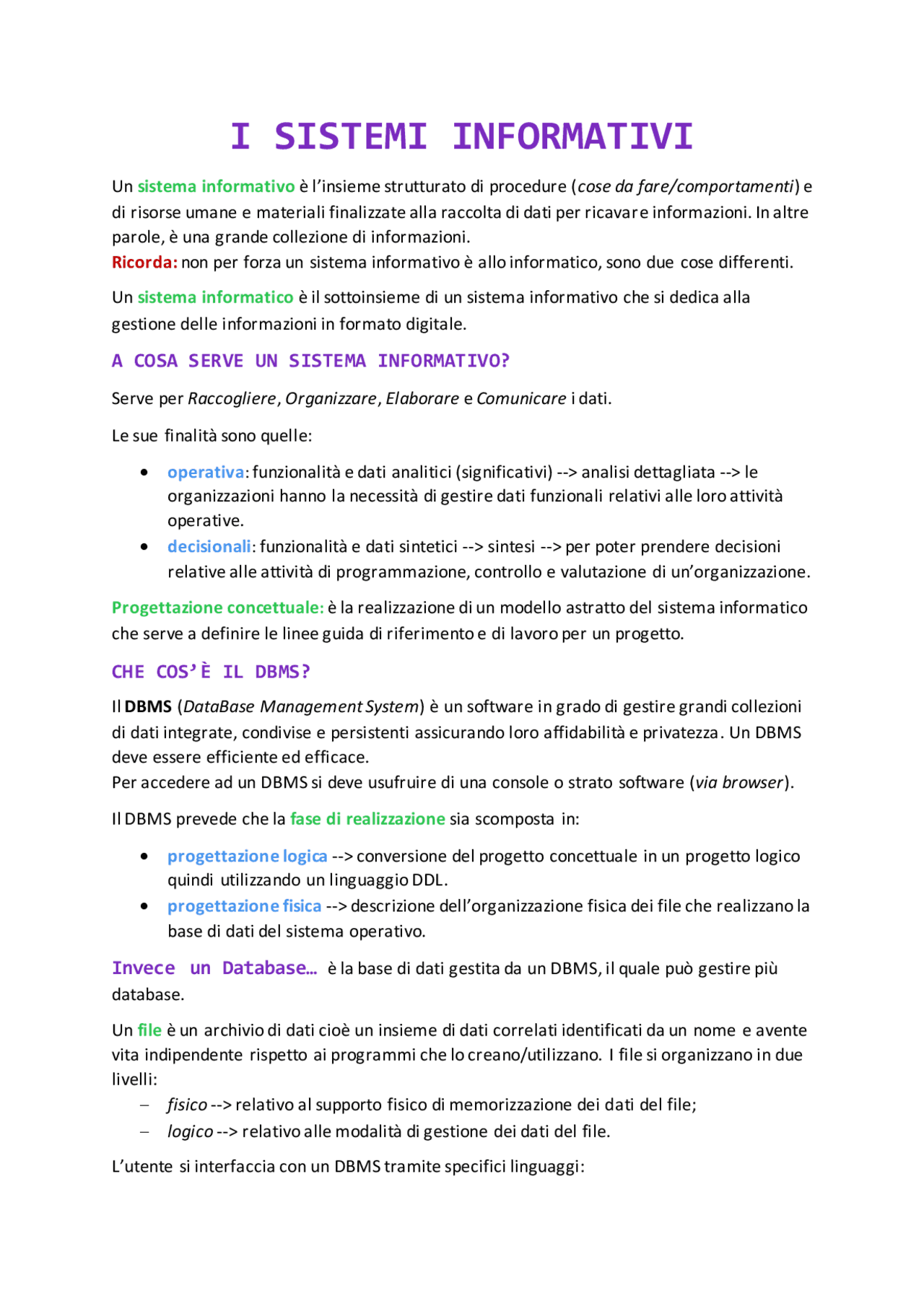 I Sistemi Informativi Schemi E Mappe Concettuali Di Informatica Docsity