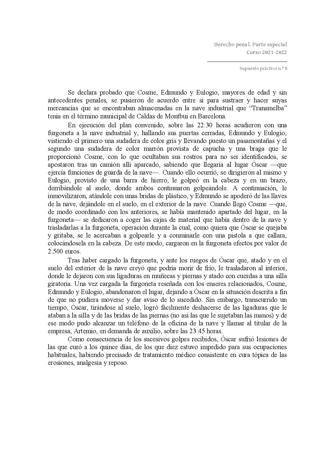 Caso Práctico De Asignatura Derecho Penal Especial Ejercicios De