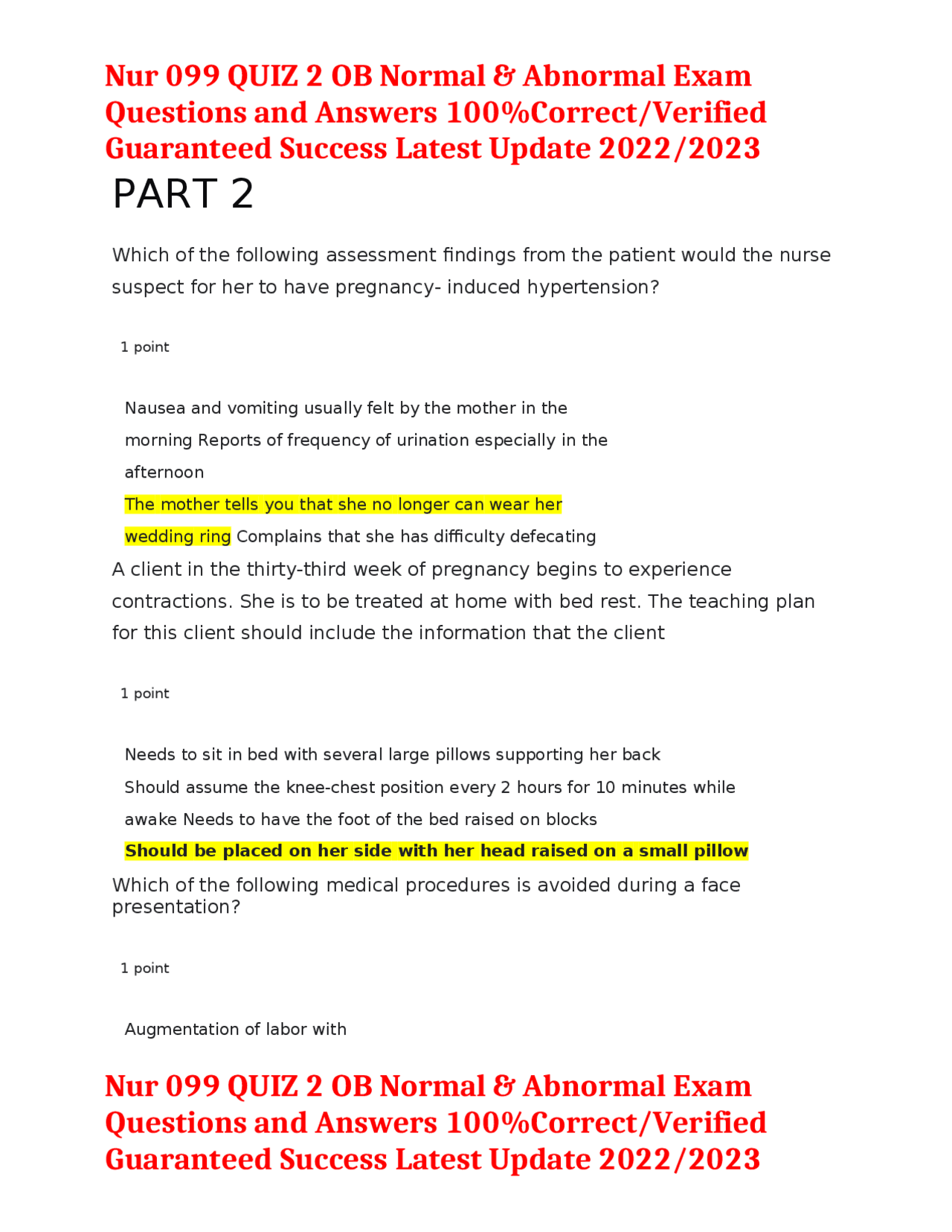 Nur 099 QUIZ 2 OB Normal & Abnormal Exam Questions and Answers 100%Correct/Verified Guaran ...