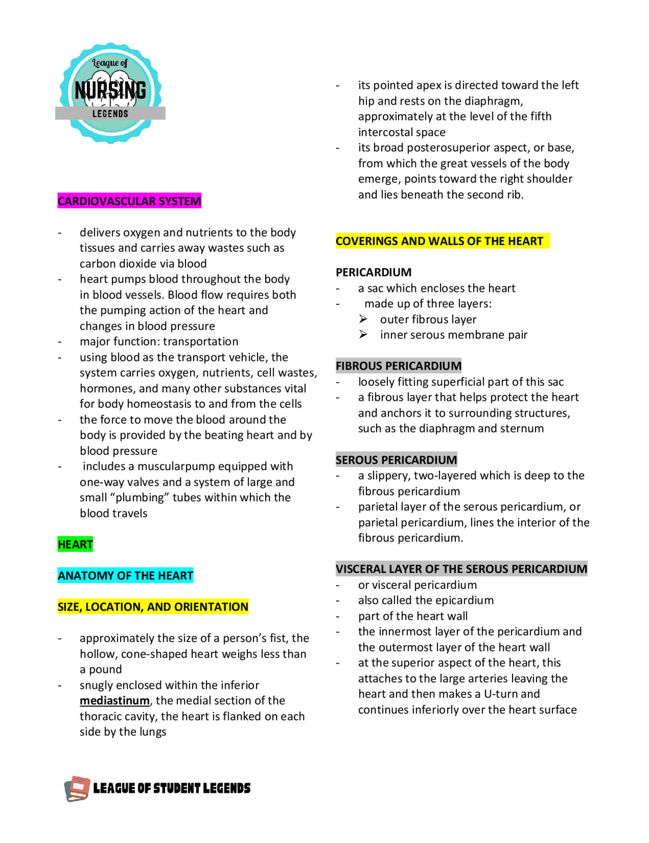 ANATOMY AND PHYSIOLOGY -CARDIOVASCULAR SYSTEM | Lecture notes Nursing ...