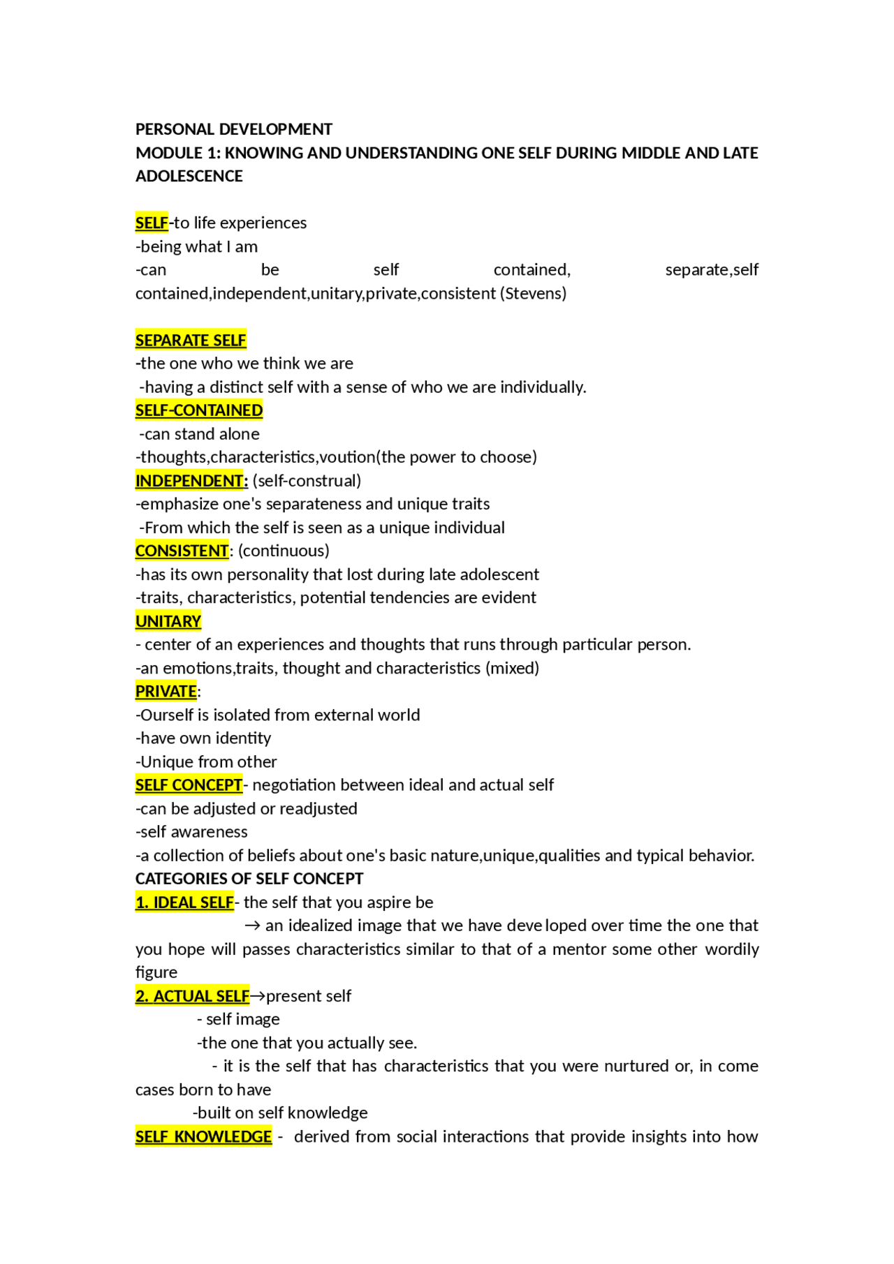 Personal Development Exercises Performing Arts Docsity