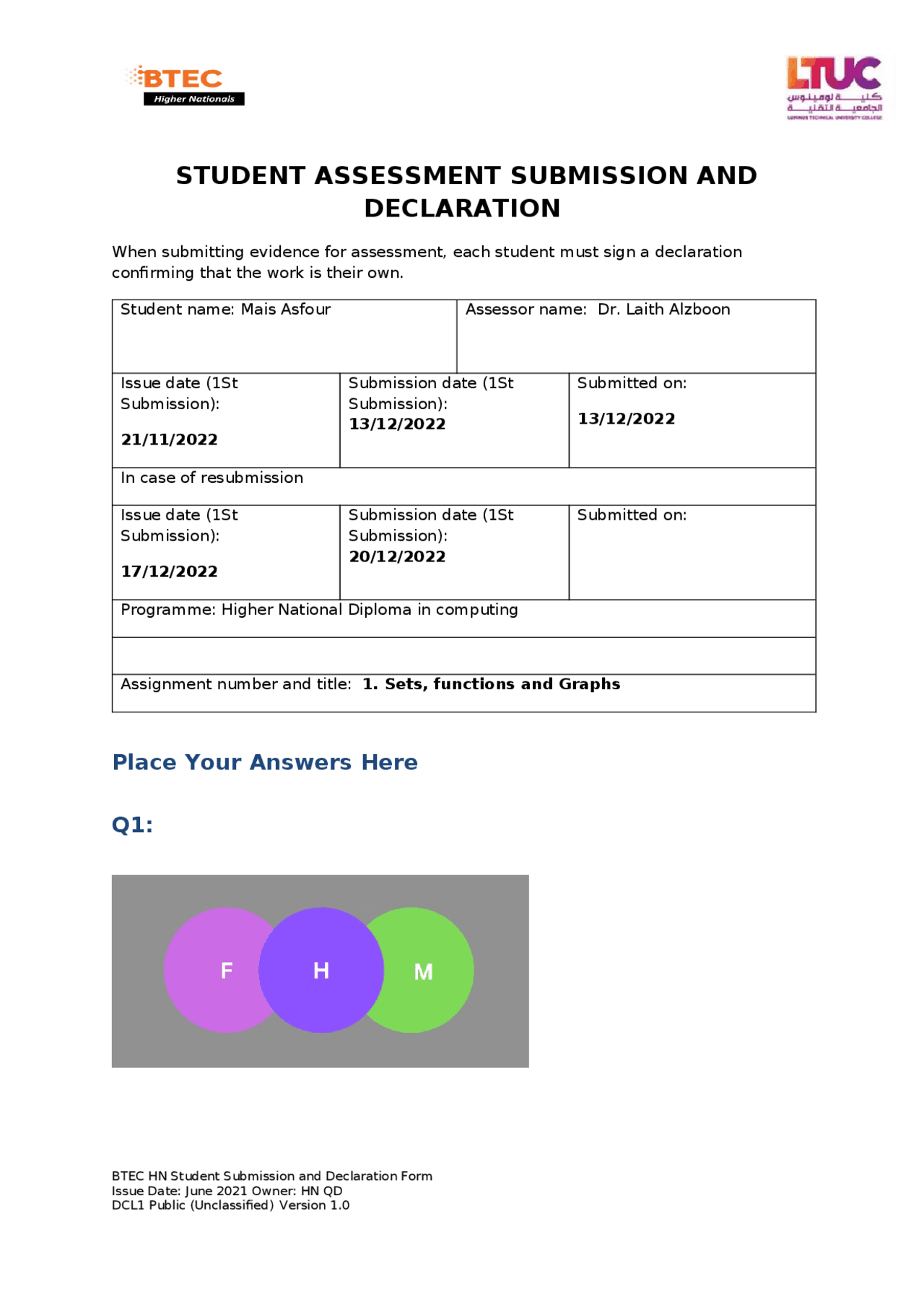 BTEC HN Student Submission and Declaration Form | High school final essays Mathematics | Docsity
