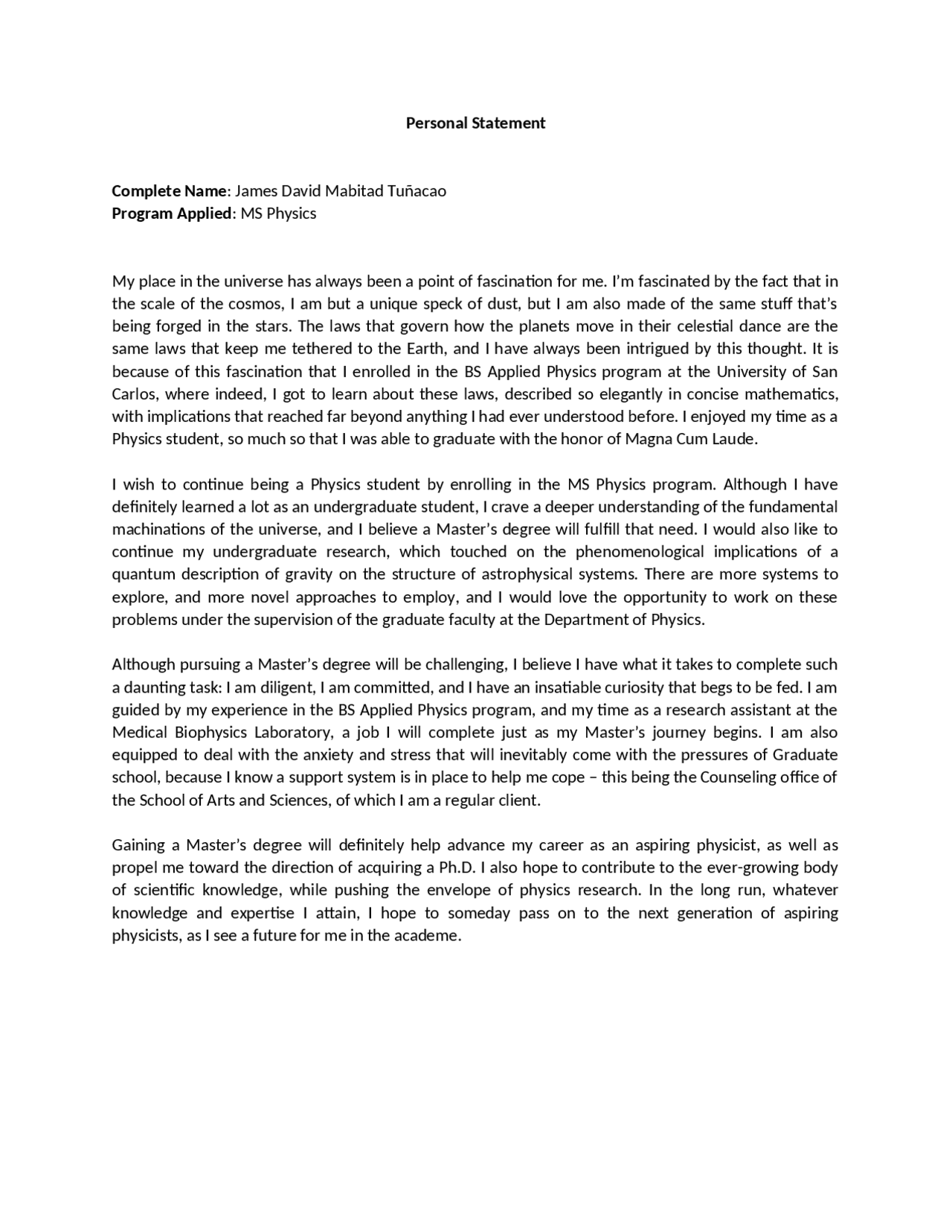 Personal statement of | Summaries Classical Physics | Docsity