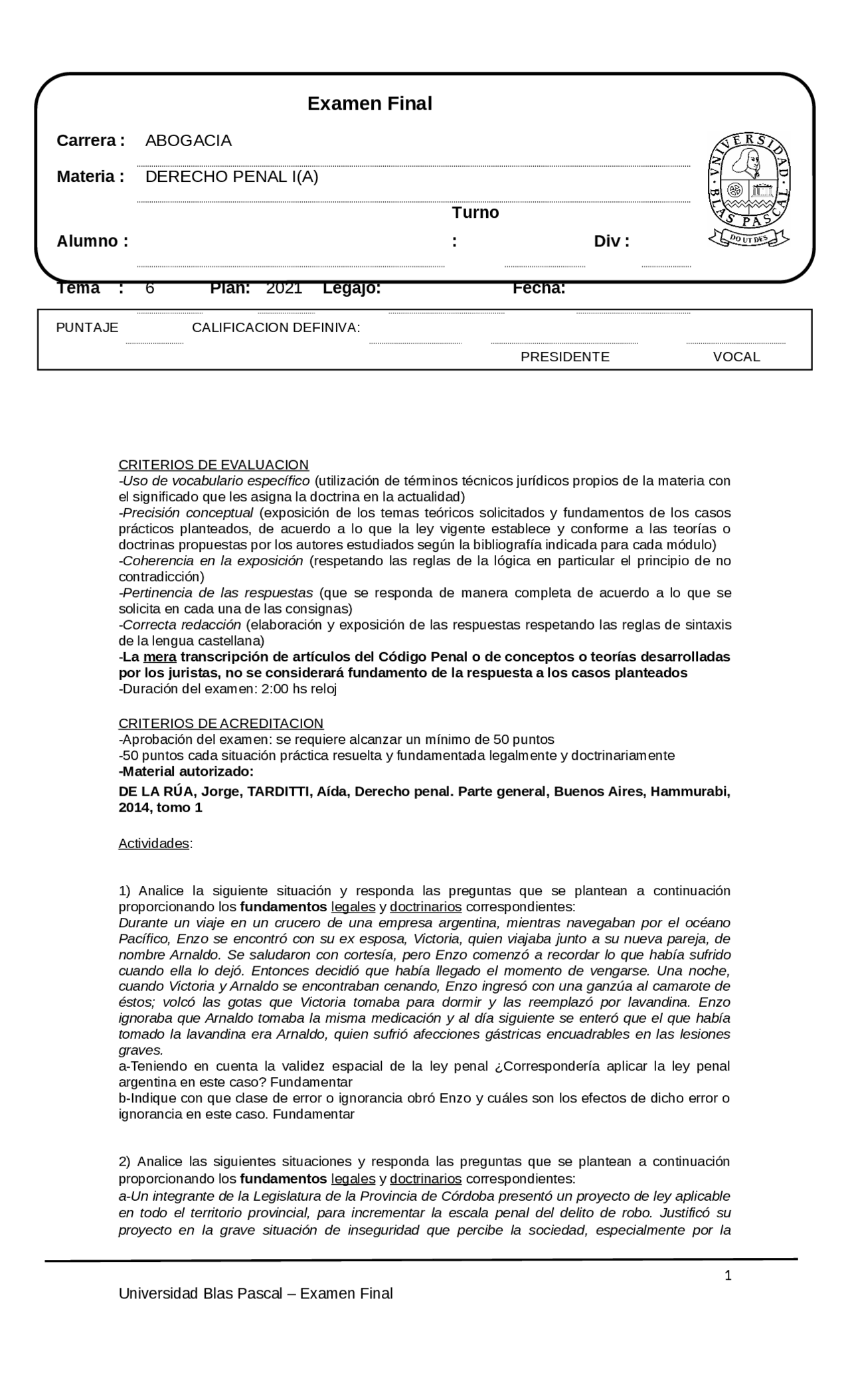 Examen De Derecho Penal Ia Exámenes De Derecho Penal Docsity