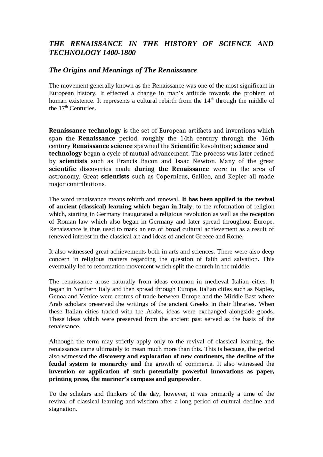 Renaissance history of science and technology | Exams History | Docsity