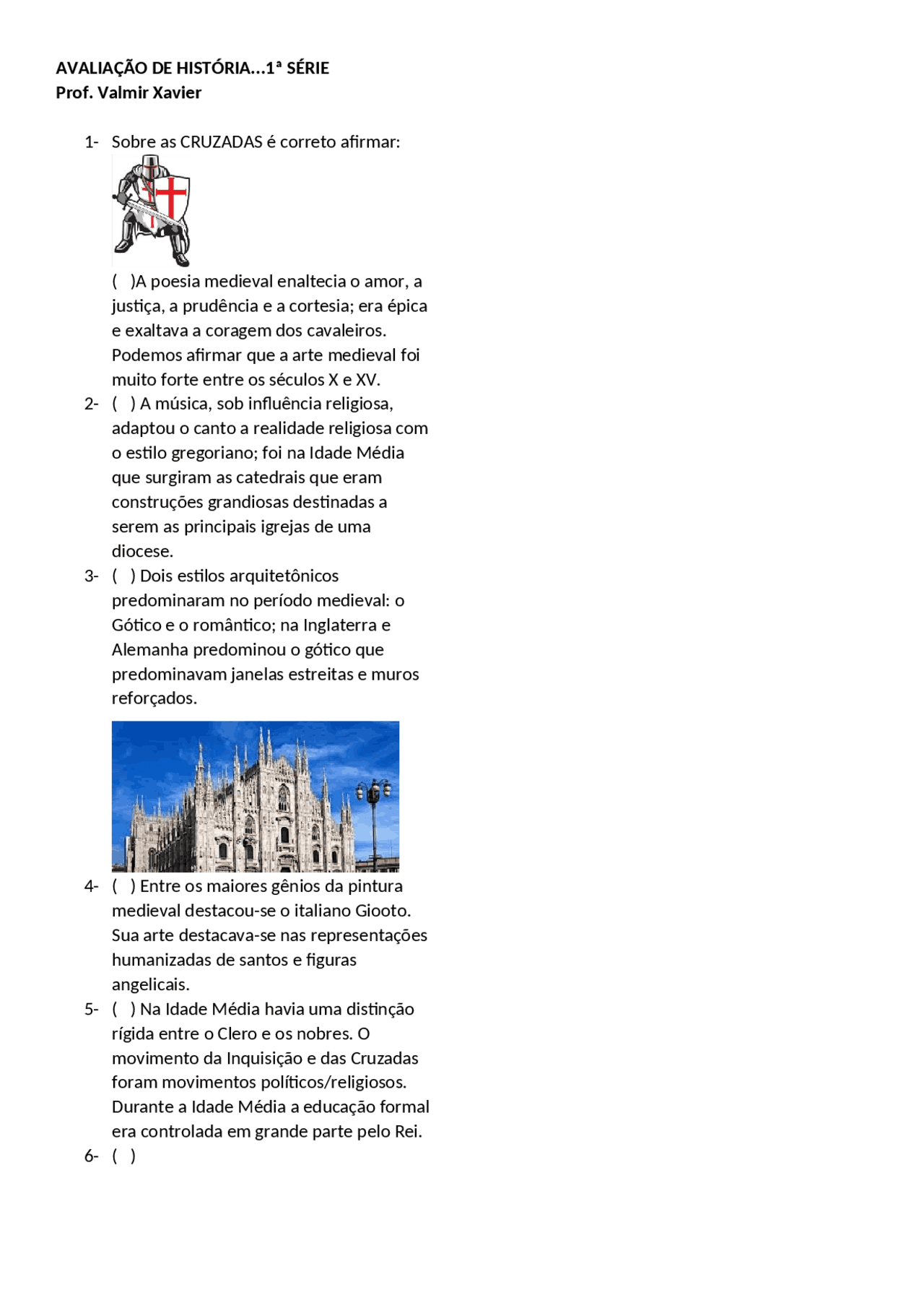 Prova de historia para 1 ano | Provas História | Docsity