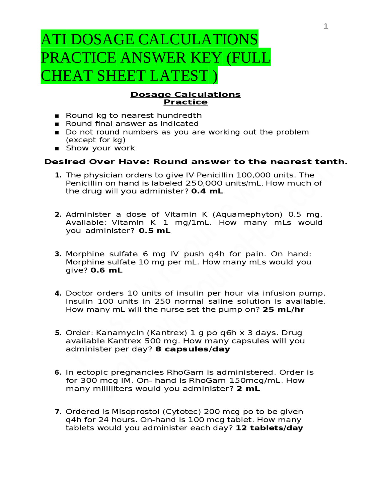 Nursing Dosage Calculations Cheat Sheet Docsity Medication Calculation