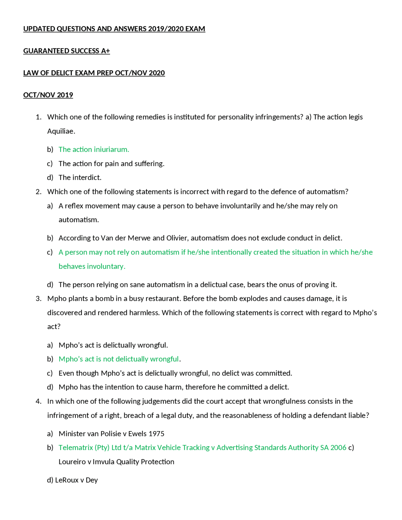 UPDATED QUESTIONS AND ANSWERS 2019/2020 EXAM GUARANTEED SUCCESS A+ LAW ...