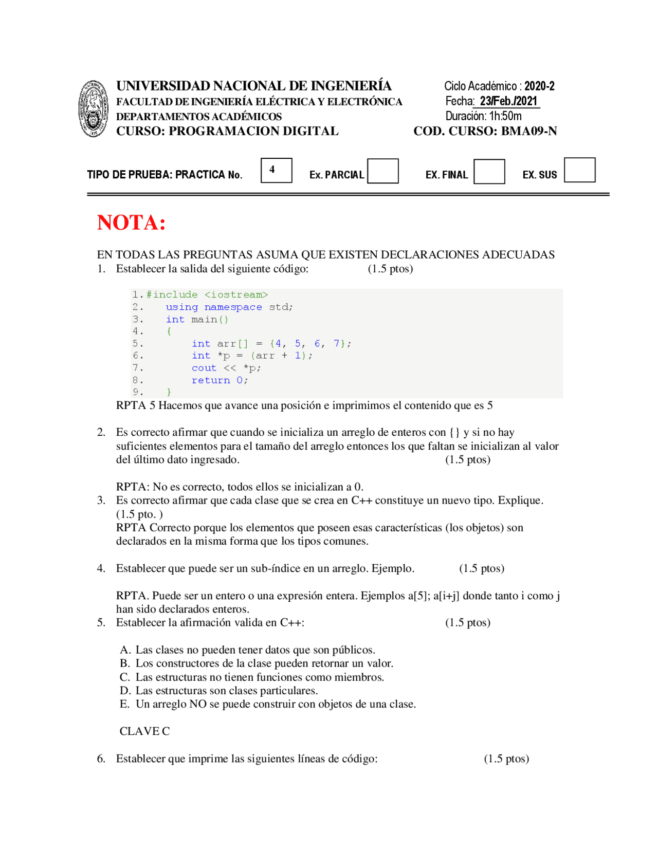 Problemas Tipo Examen Para El Curso De Programacion En C Exámenes De