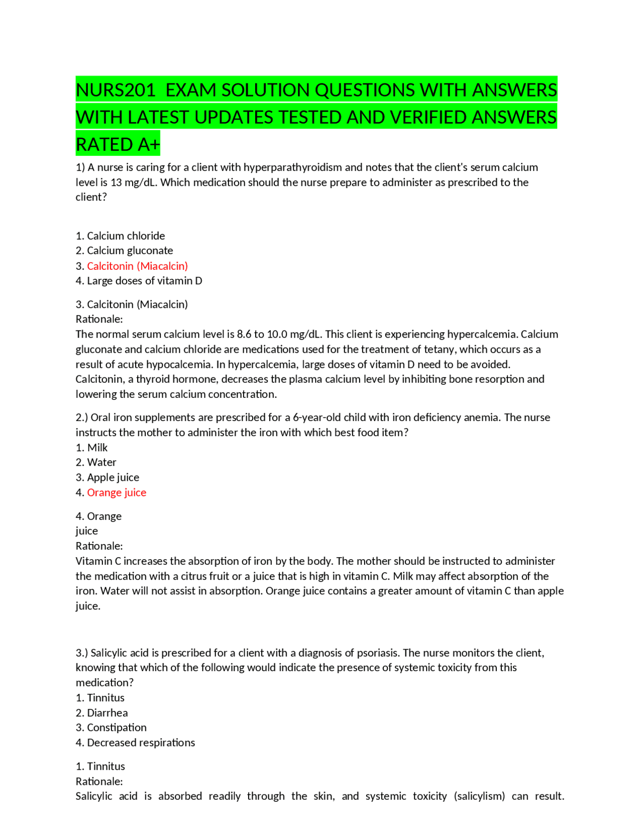 Nurs201 Exam Solution Questions With Answers With Latest Updates Tested
