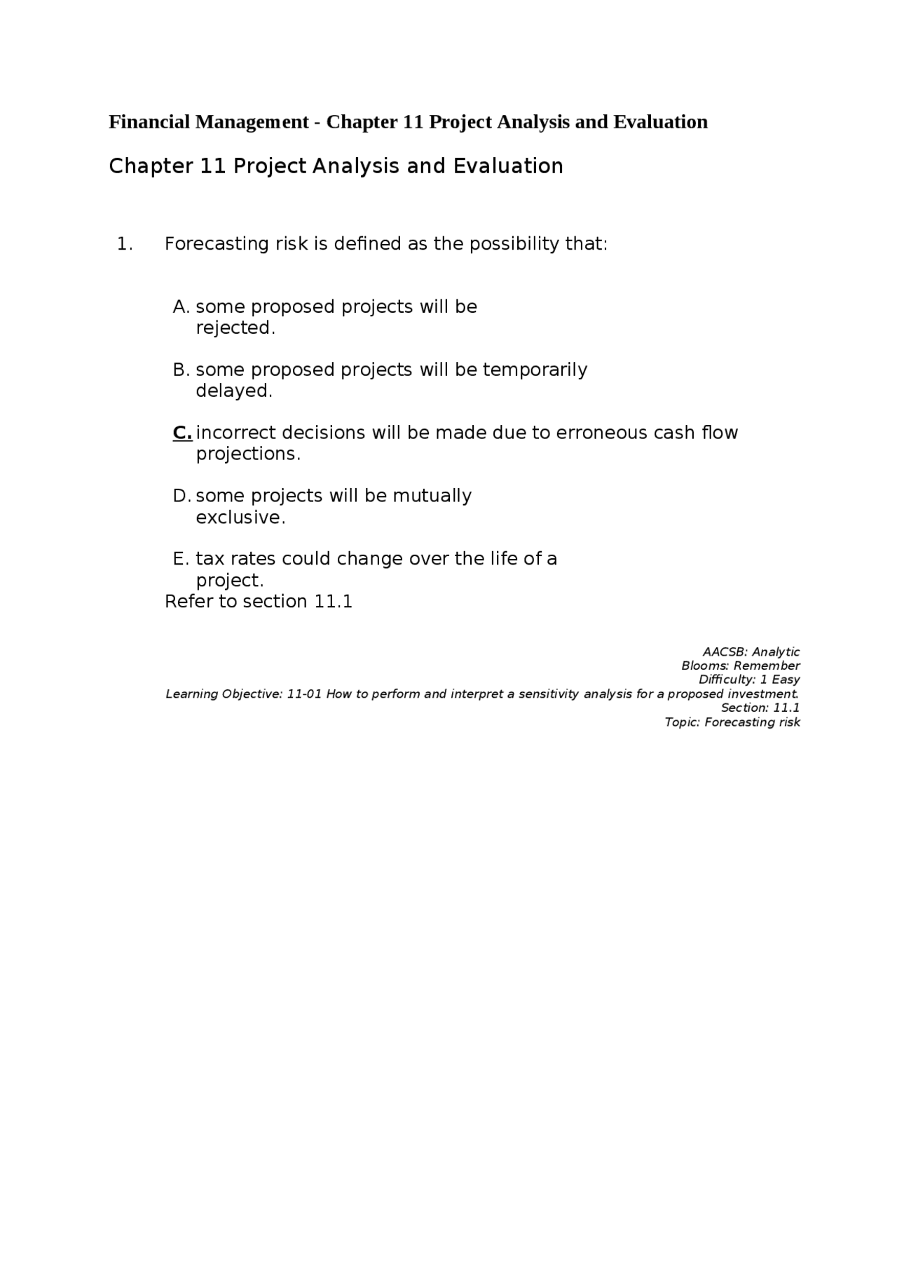 Financial Management - Chapter 11 Project Analysis and Evaluation | Exams Financial Management ...