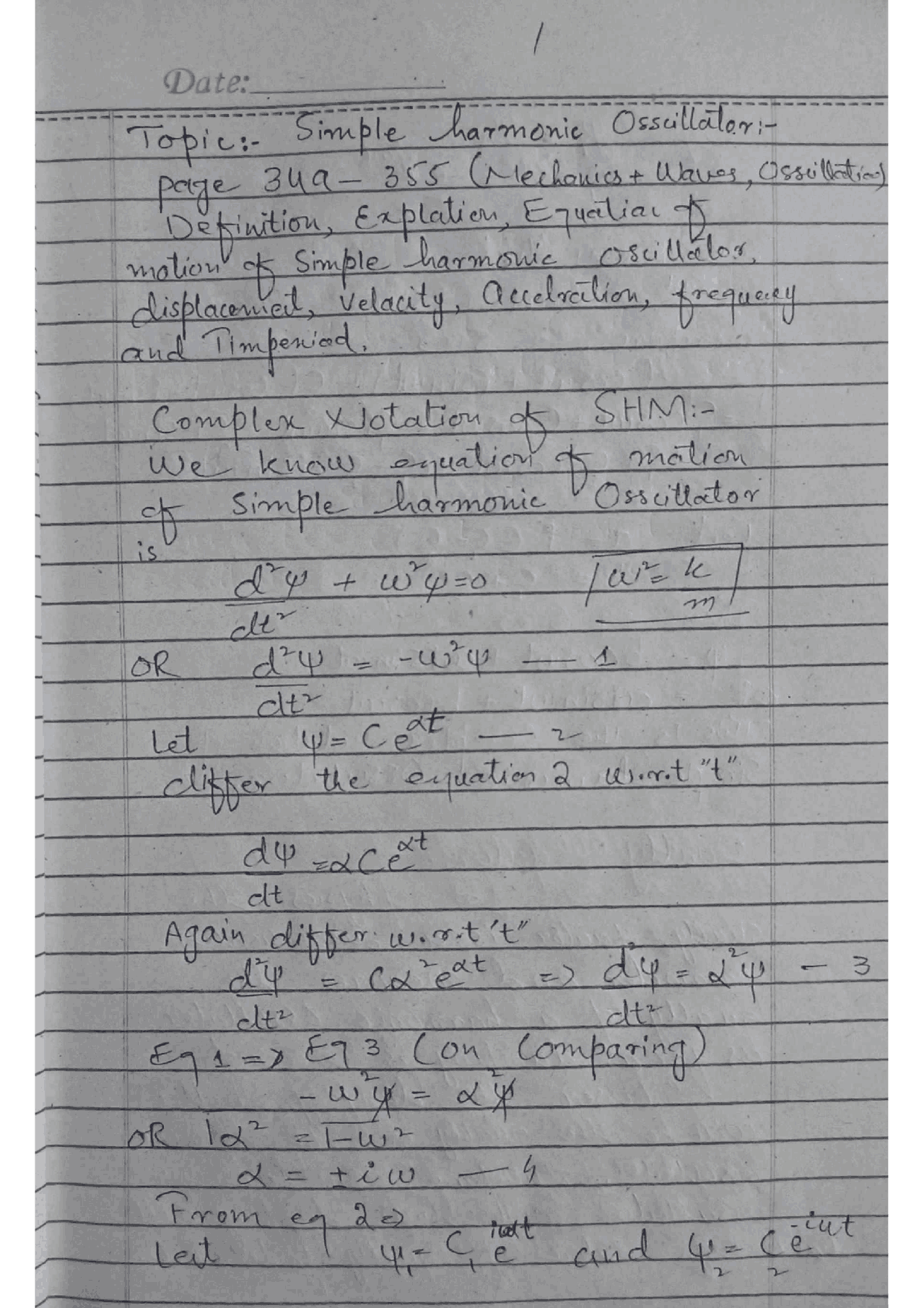Simple harmonic oscillator equation and it's solution with complex ...
