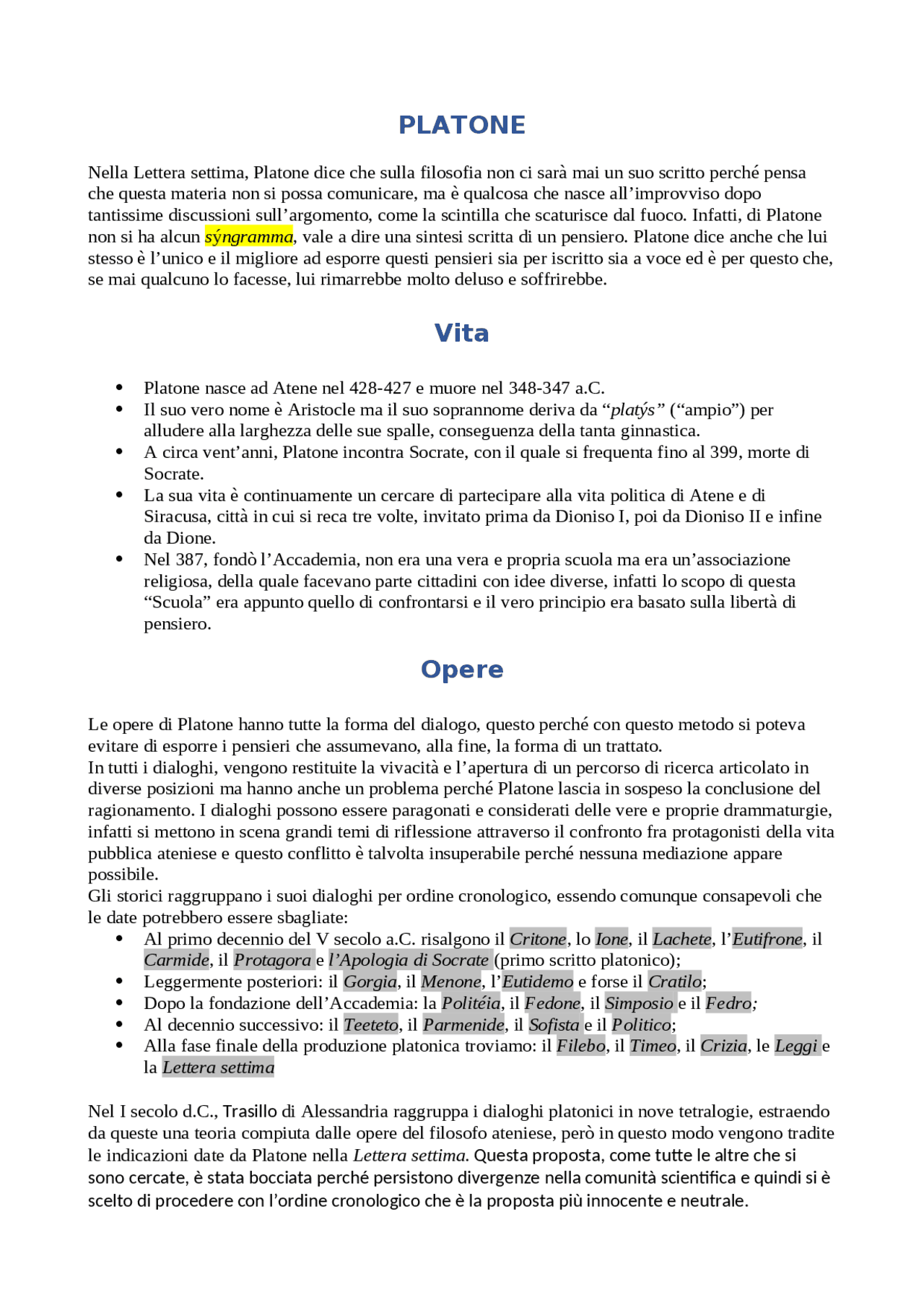 Riassunto Platone, vita e opere | Schemi e mappe concettuali di Filosofia | Docsity