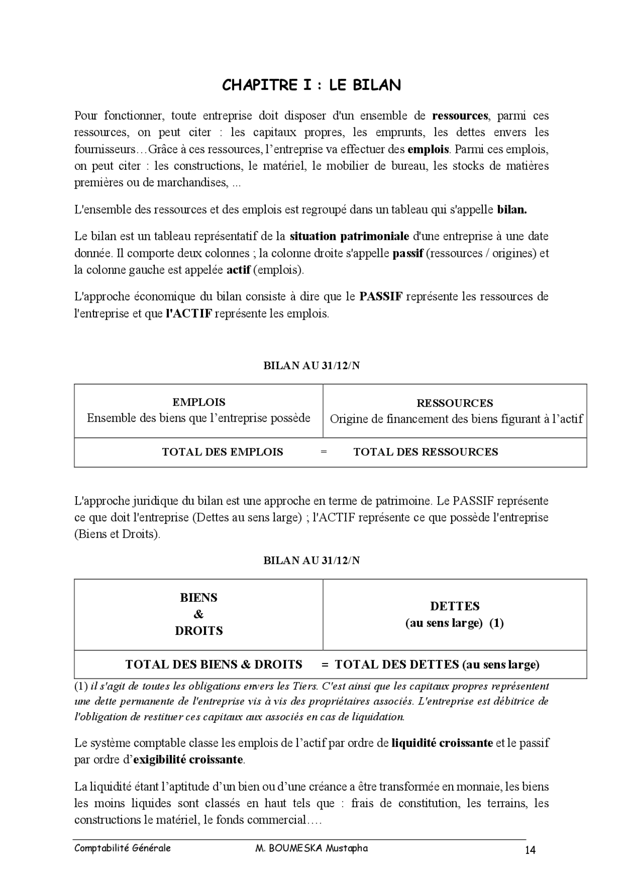 Cours de Comptabilité Générale 1 LE BILAN Prof Mustapha BOUMESKA ...
