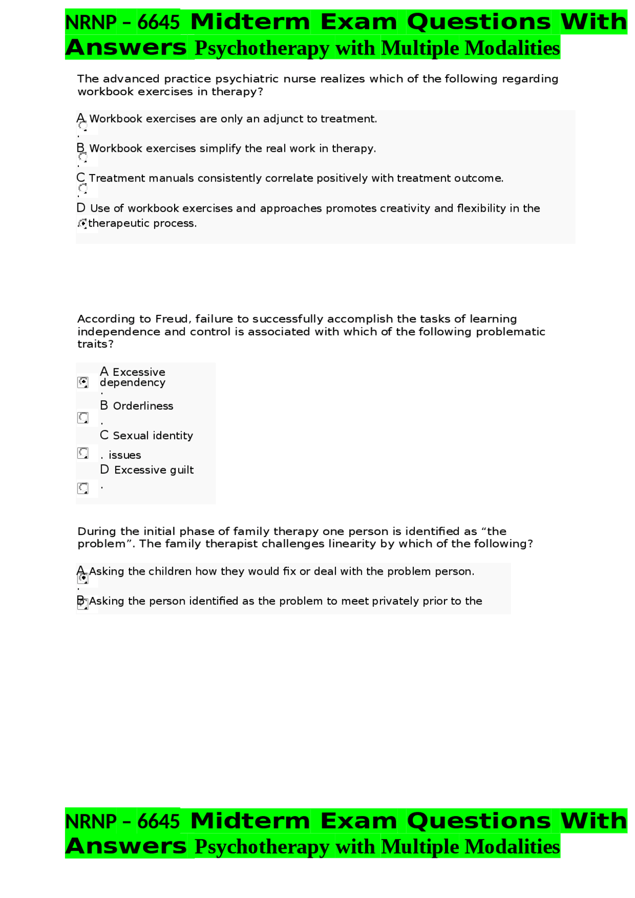 NRNP – 6645 Midterm Exam Questions With Answers Psychotherapy with Multiple Modalities | Exams ...