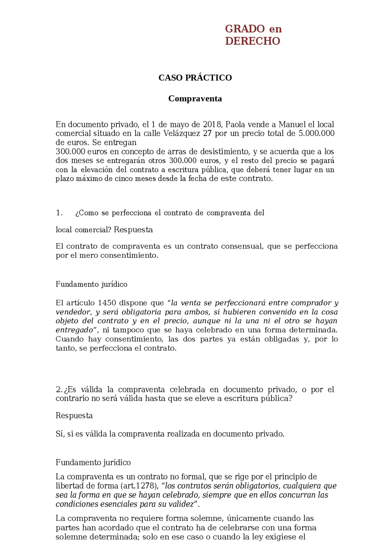 Caso practico derecho civil compraventa | Ejercicios de Derecho Civil | Docsity