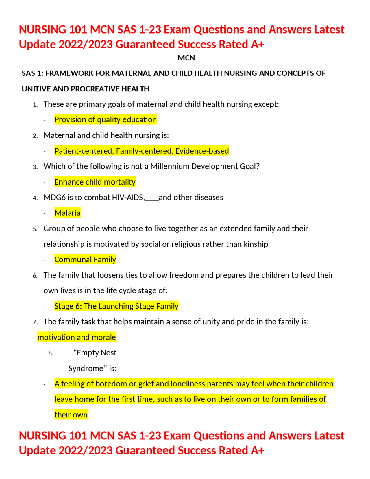 Nursing 101 Mcn Sas 1 23 Exam Questions And Answers Latest Update 2022
