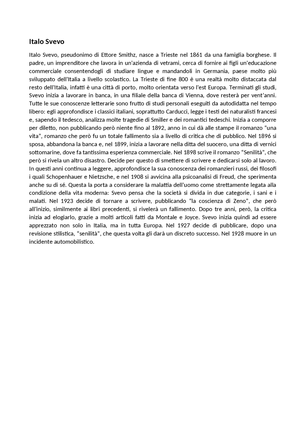 Ricerca Su Italo Svevo Summaries History Docsity