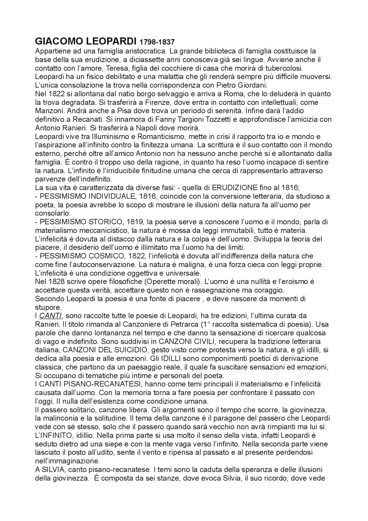 Leopardi - Carducci - Verga - D'Annunzio - Pascoli - Svevo - Pirandello- Ungaretti-Montale ...